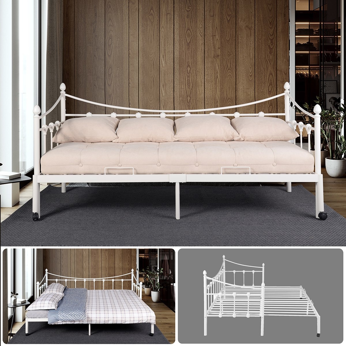 Lit extensible gigogne métal blanc sommier lattes MEUBLE EXPRESS