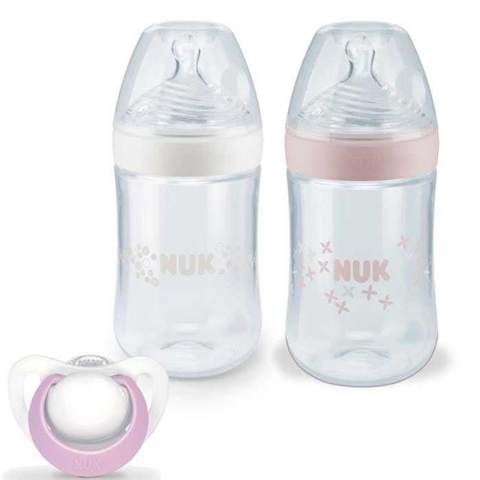 NUK LOT DE 2 BIBERONS NATURE SENSE 260ML + 1 SUCETTE - ROSE 10225145 NUK