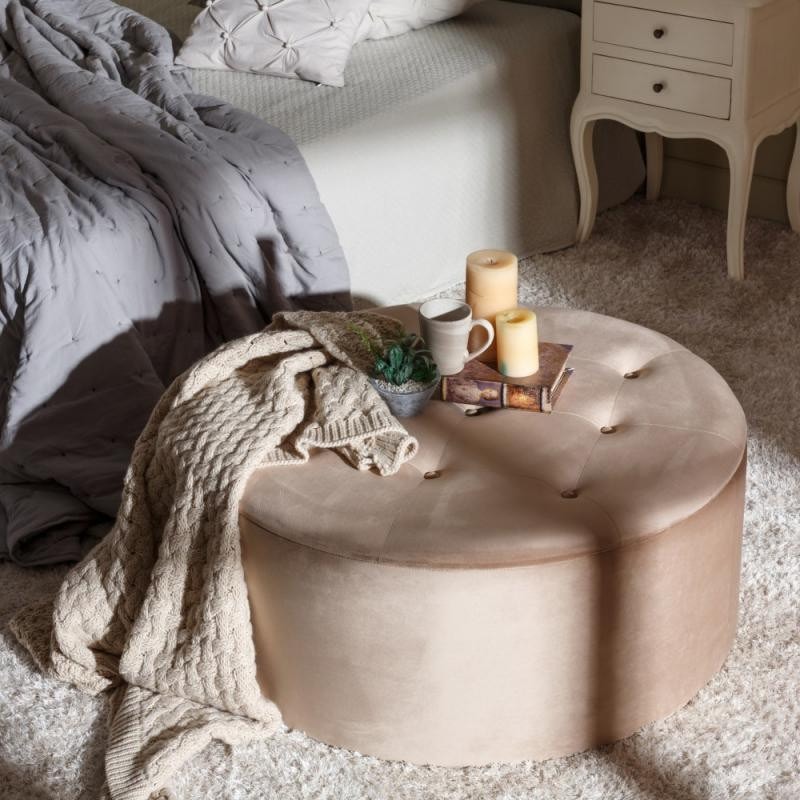 Pouf coffre rond tissu capitonné beige - chulio - l 90 x l 90 x h 40 ...