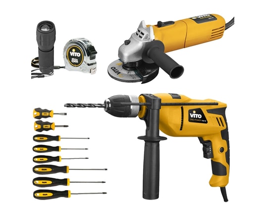 Pack 6 outils vito perceuse + meuleuse + 8 tournevis + mètre 8m + lampe ...