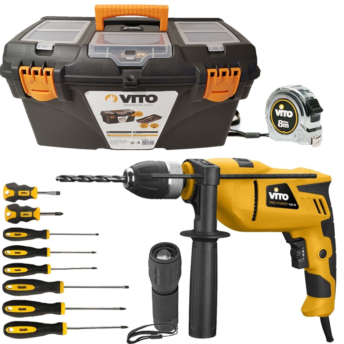 Pack 6 outils vito perceuse + meuleuse + 8 tournevis + mètre 8m + lampe ...