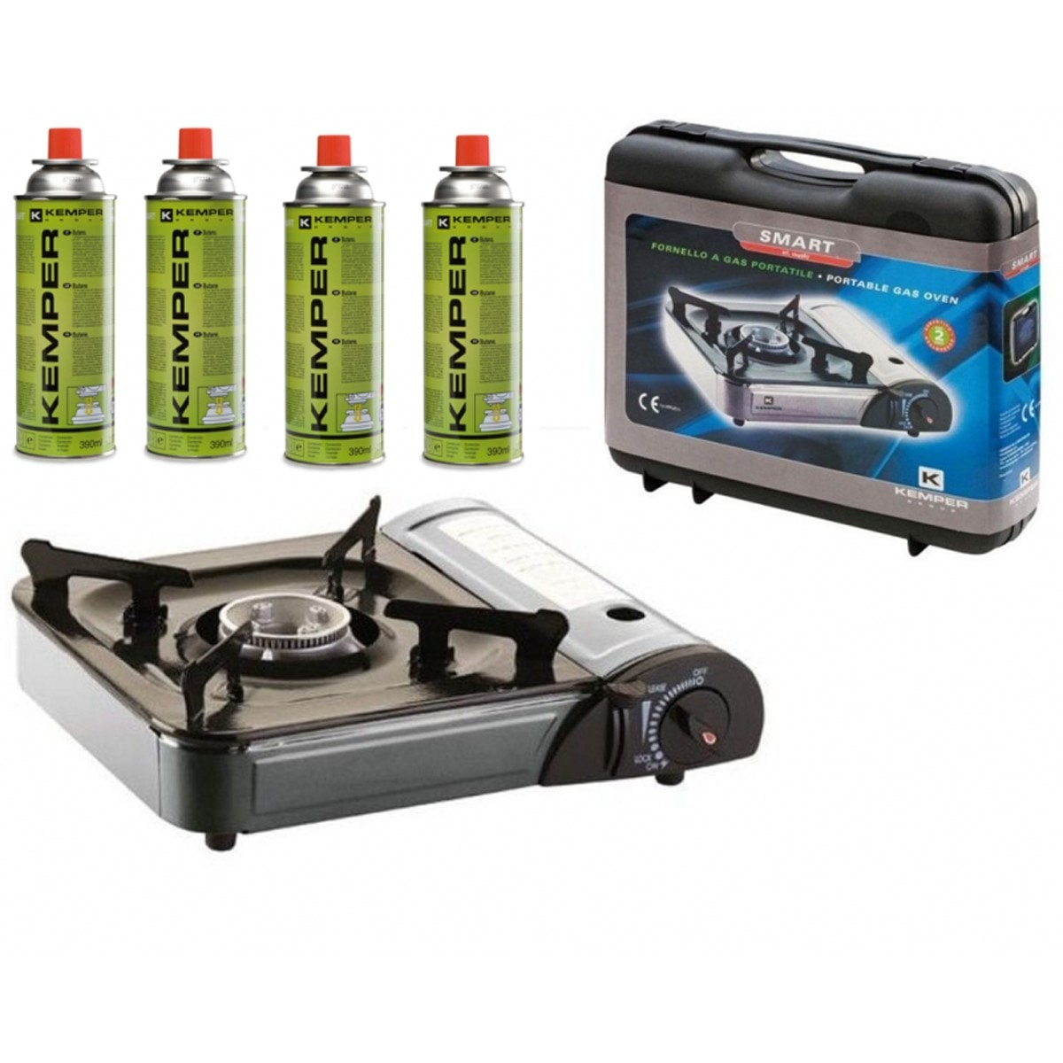 Réchaud gaz portable kemper 2.6 kw allumage piezo + 4 cartouches gaz un ...