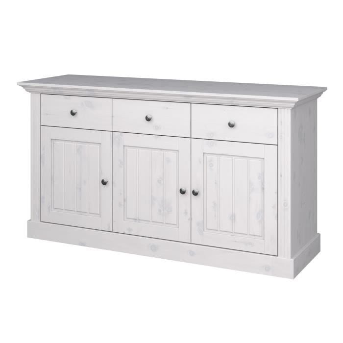Monaco buffet 3 portes +3 tiroirs - pin massif blanc - l 145 x p 46,5 x ...