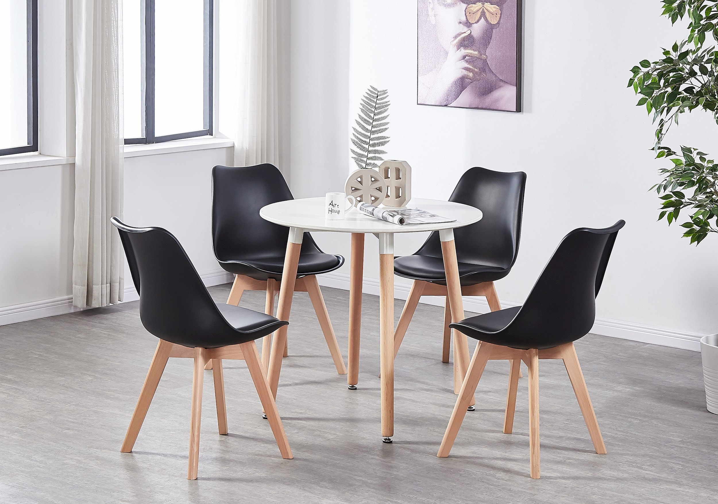 Table blanche ronde + 4 chaises scandinaves noires - ensemble pour ...
