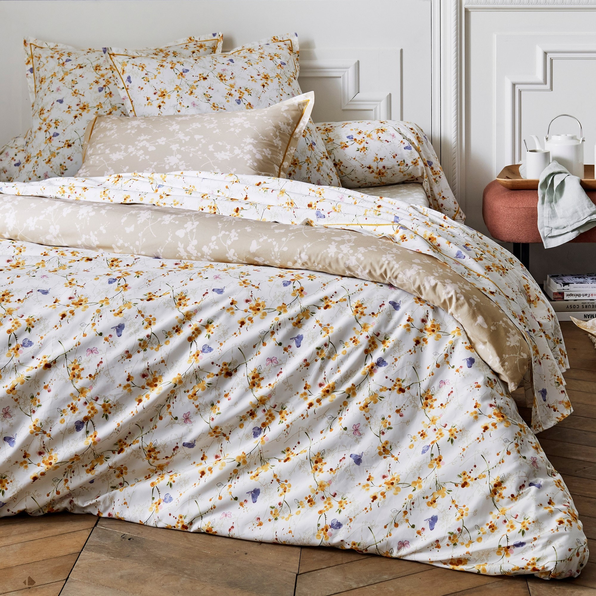 Drap housse imprimé 140x190 cm percale de coton bel amour beige bonnet ...