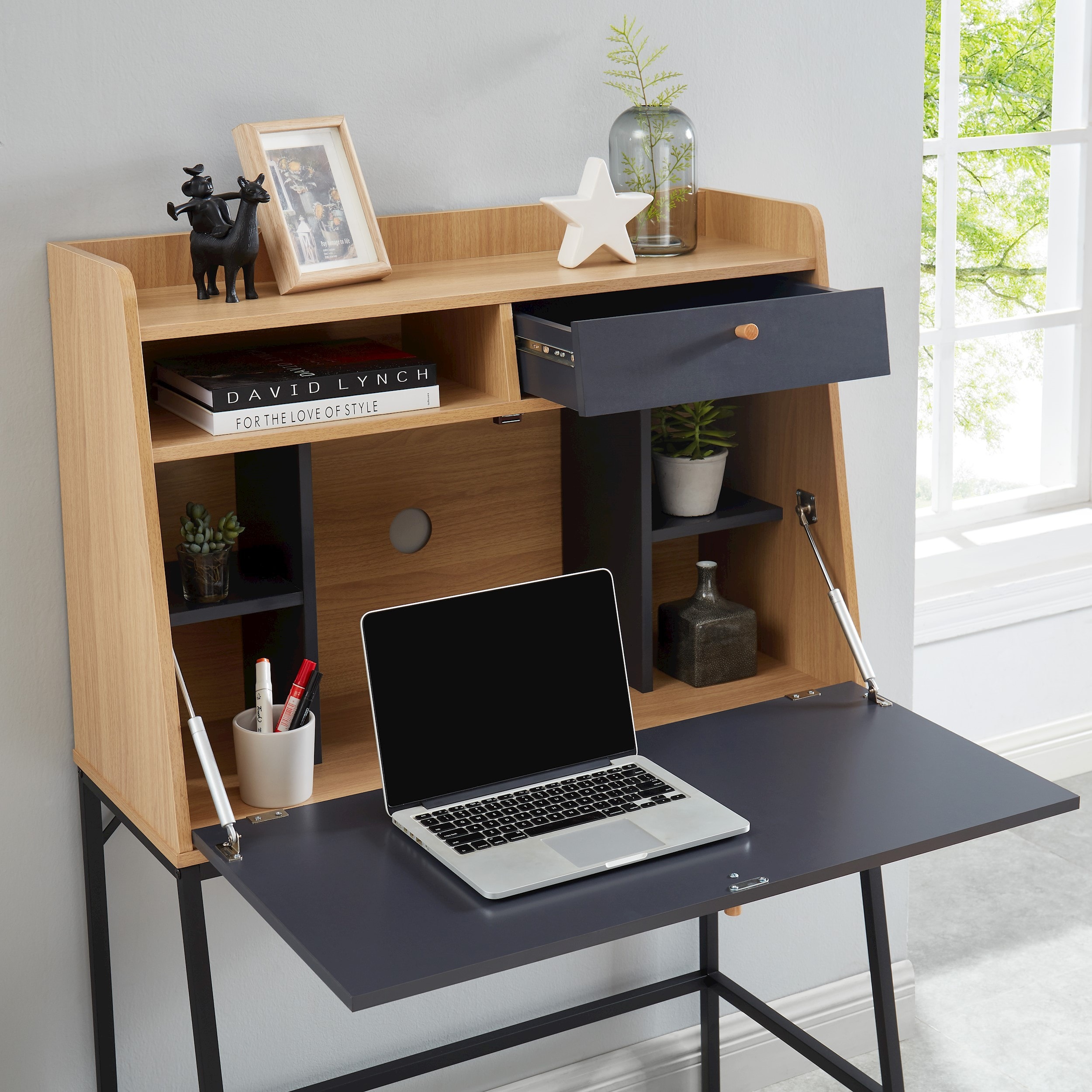 Secrétaire smart gris et bois 1 porte et 1 tiroir - l90cm BAITA Pas ...