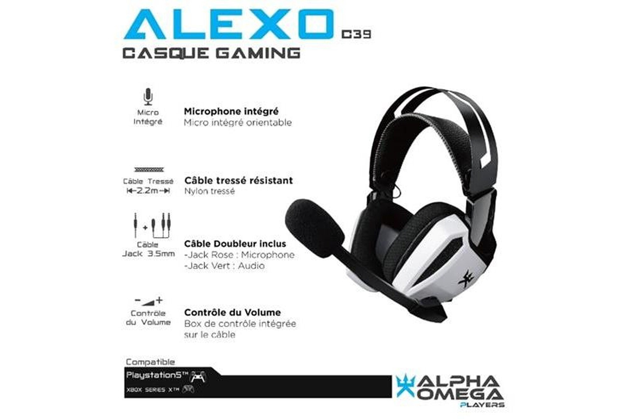 Casque filaire gaming alpha omega players alexo noir et blanc ALPHA X OMEGA Pas Cher - UBALDI.com