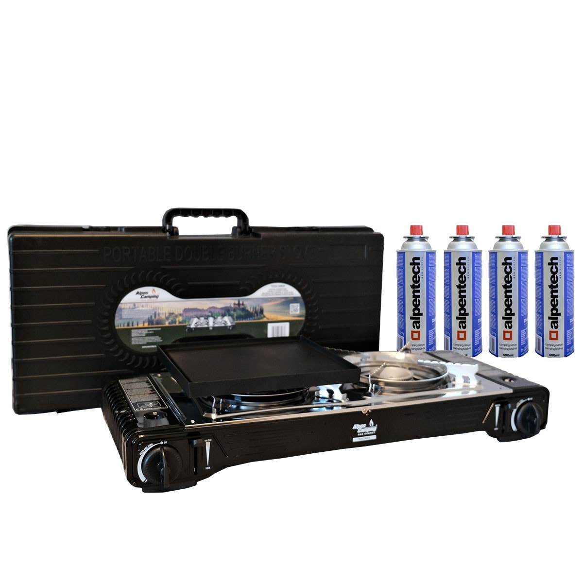 Réchaud gaz double 4400w + plancha 26 x 23 cm + 4 cartouches 227 gr ...