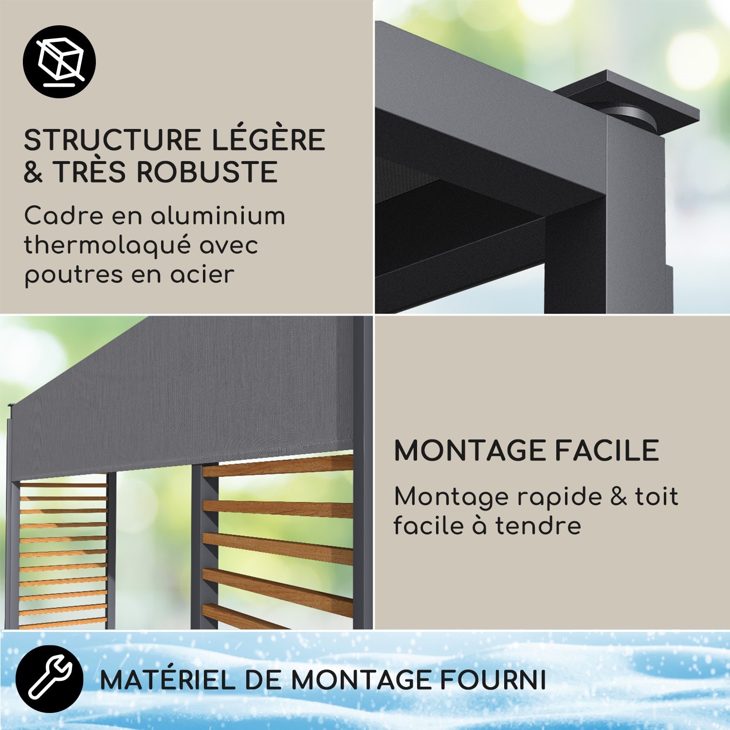 Gazébo - blumfeldt valence - 3x3 m - uv50+ hydrofuge - panneau solaire ...