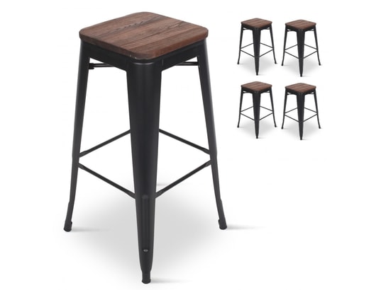 Lot de 4 tabourets de bar en métal noir mat assise bois foncé, tabouret ...