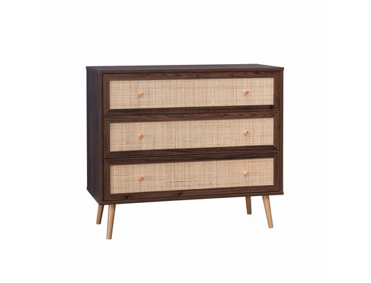 Commode en décor bois foncé et cannage 90x39x79cm - bohème - 3 tiroirs ...
