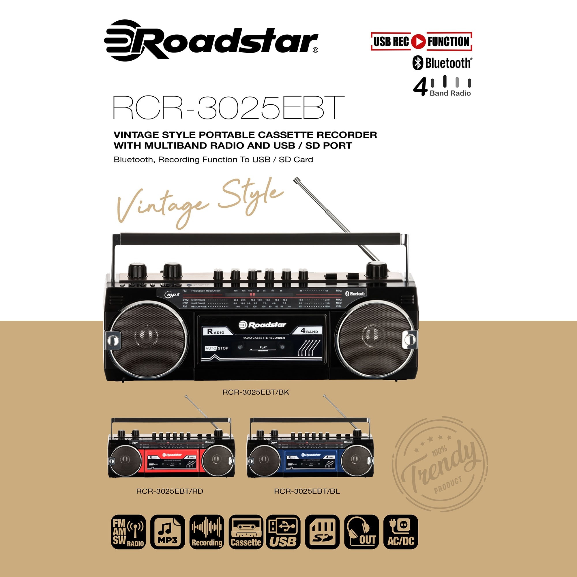 Roadstar rcr-3025ebt/rd radio cassette vintage des années 80, portable, m am /fm /sw ...